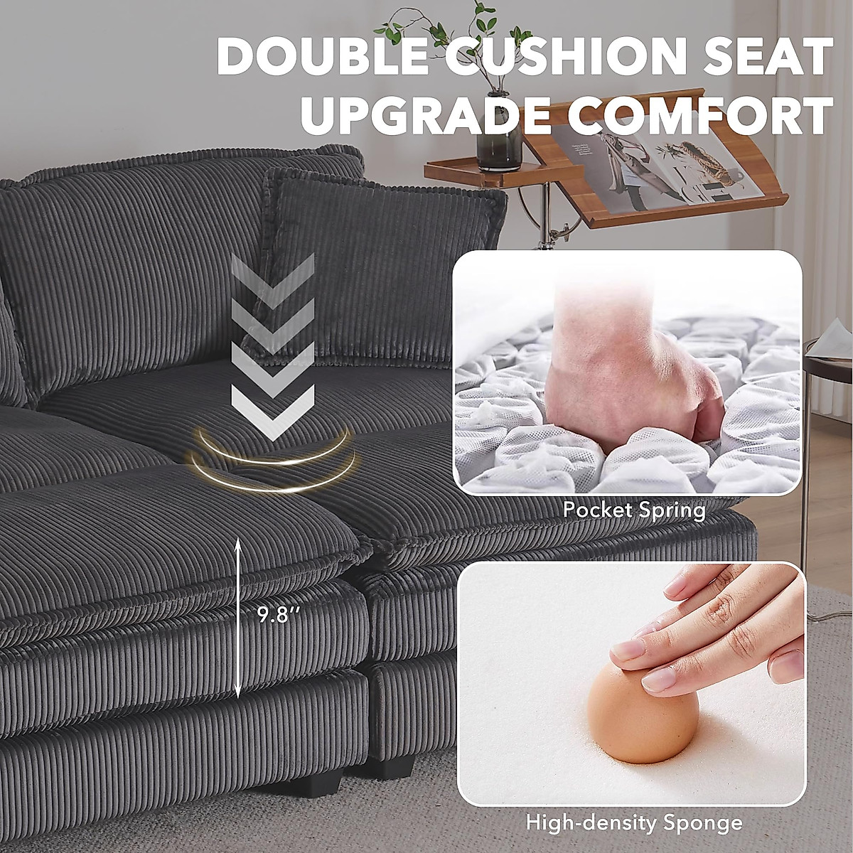 LuxyHoom 84.6" Sectional Sofa Couch, Loveseat Sofa Chaise Lounge, Modern Modular Convertible Couch, 2 Ottomans, 2 Pillows, Corduroy Upholstered Recliner for Living Room, Home Theatre, Apartment, Grey