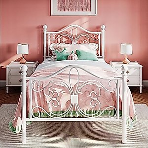 SHA CERLIN Twin Size Bed Frame for Kids,Metal Bed Frame with Butterfly Pattern Design Headboard & Footboard,No Box Spring Needed,Easy Assembly,White