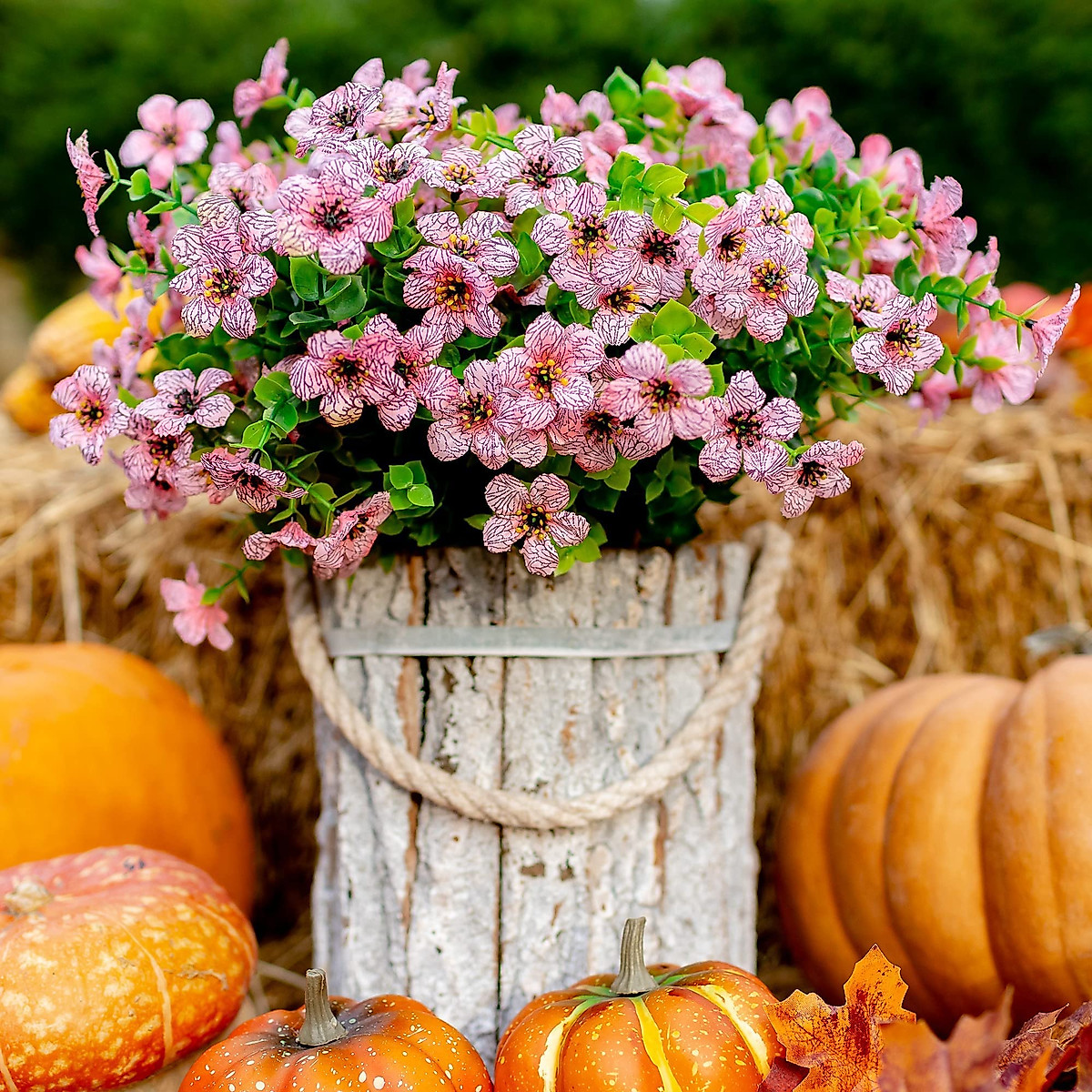 AXYLEX Artificial Flowers for Outdoors Fake Plants - 16 Bundles Faux Outside Greenery Boxwood No Fade Plastic Shrubs Fall Decor Farmhouse Home Garden Thanksgiving Mums (Pink)