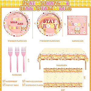 Hombae Young Wild and Three Party Decorations Girl, 3rd Birthday Decorations Girl, Boho Daisy Hippie Third Supplies, Retro Balloon Backdrop Banner Tablecloth Cake Topper Plates Napkins Forks 257 PC