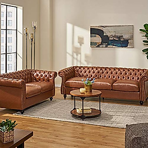 Christopher Knight Home Stephanie Traditional Chesterfield 2 Piece Living Room Set, Cognac Brown, Dark Brown