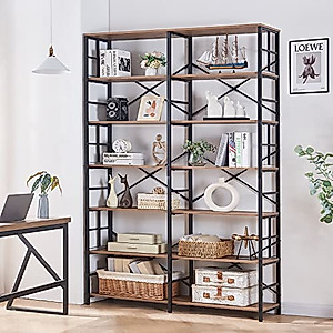 HOMISSUE Double Wide 7-Tier Bookshelf,Industrial Bookcases with Metal Frame,Open Large Storage Bookshelves,Wood and Metal Tall Display Shelves for Living Room Office,Rustic Brown