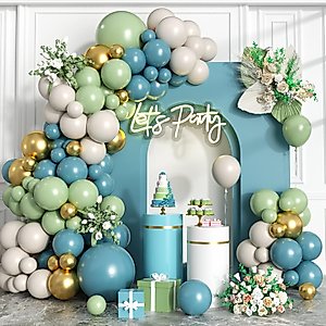 Dusty Blue Green Balloon Arch Garland Kit, Sage Green Dusty Blue Party Balloons with Sand White Gold Balloons Latex Birthday Balloon for Boho Baby Shower Wedding Bridal Birthday Party Decorations