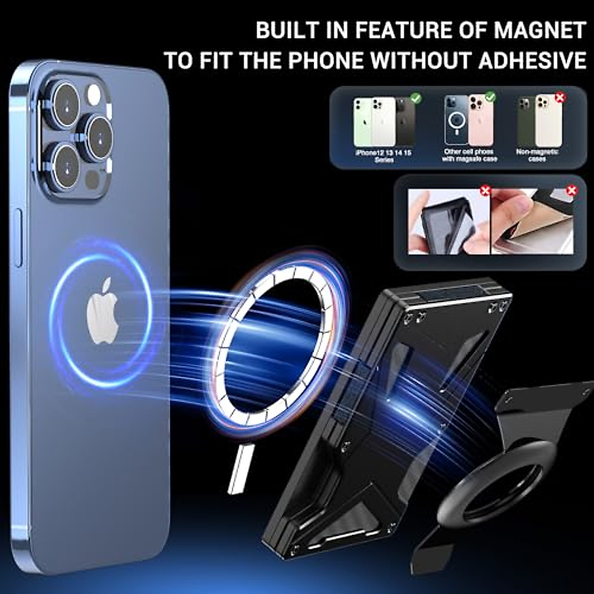 KLVEOL Mag Safe Wallet Case, The First Patent Card Holders 2 in 1 Air Tag Holder and Money Clip, Magnetic Adhesive Wallet for iPhone Series of 15/14/13/12 Pro/ProMax and Magsafe Devise, Black