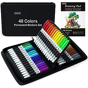 Permanent Markers, 48 Colors Fine Point Permanent Marker Assorted Colors with Travel Case, Ideal for Adults Coloring Doodling on Plastic, Glass, Wood and Stone, Gift for Kids by Shuttle Art