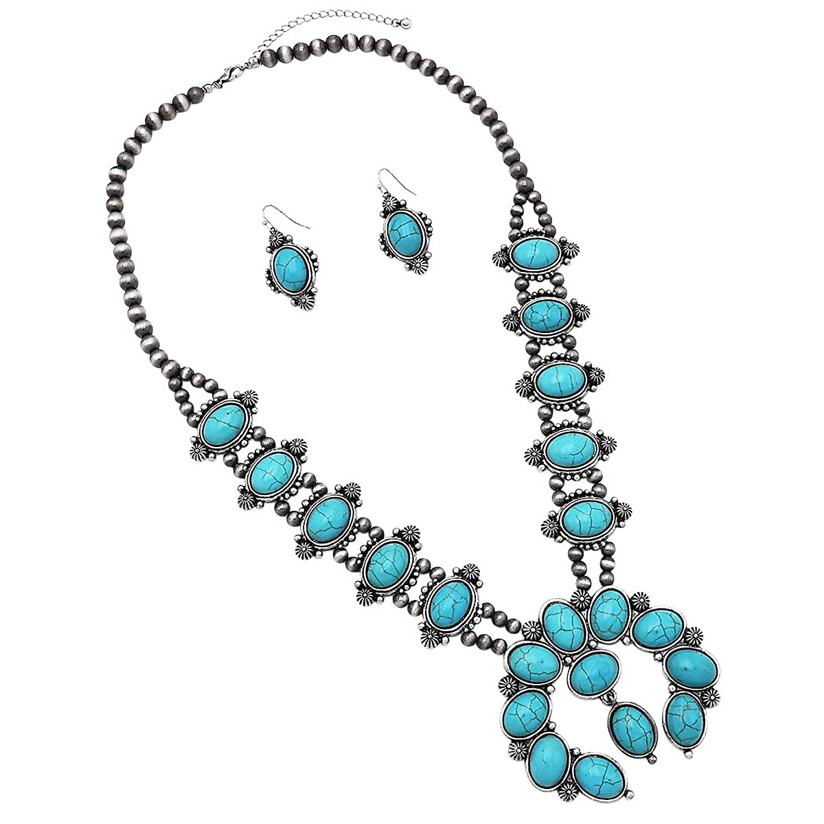 Rosemarie & Jubalee Women's Gorgeous Statement South Western Natural Semi Precious Howlite Squash Blossom Necklace Earrings Set, 27"-30" with 3" Extension (Turquoise Blue)