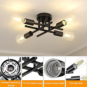 Lomoky Industrial 4-Light Semi Flush Mount Ceiling Light Fixture, Modern Black Close to Ceiling Light, Farmhouse Chandelier Ceiling Lamp for Hallway Kitchen Bedroom Living Room (2 Pack)