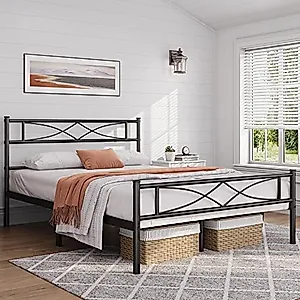 Yaheetech Metal Queen Size Bed Frame, Platform Bed Frame, Mattress Foundation with Curved Design Headboard & Footboard, NO Box Spring Needed, Heavy-Duty Support, Easy Assembly, Queen, Black