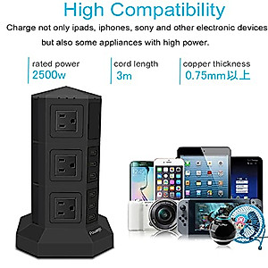 Powerjc Tower Power Strip Surge Protector Socket 12 AC Outlets Smart 6 USB Ports Chargers 10 Feet Long Extension Cord Indoor Black