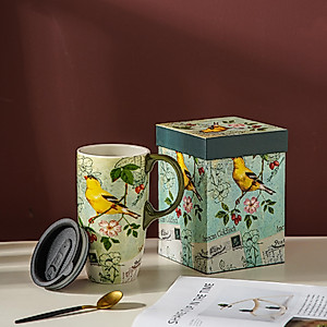 TZSSP Coffee Ceramic Mug Porcelain Latte Tea Cup Travel Mug With Lid 17oz,Song Bird