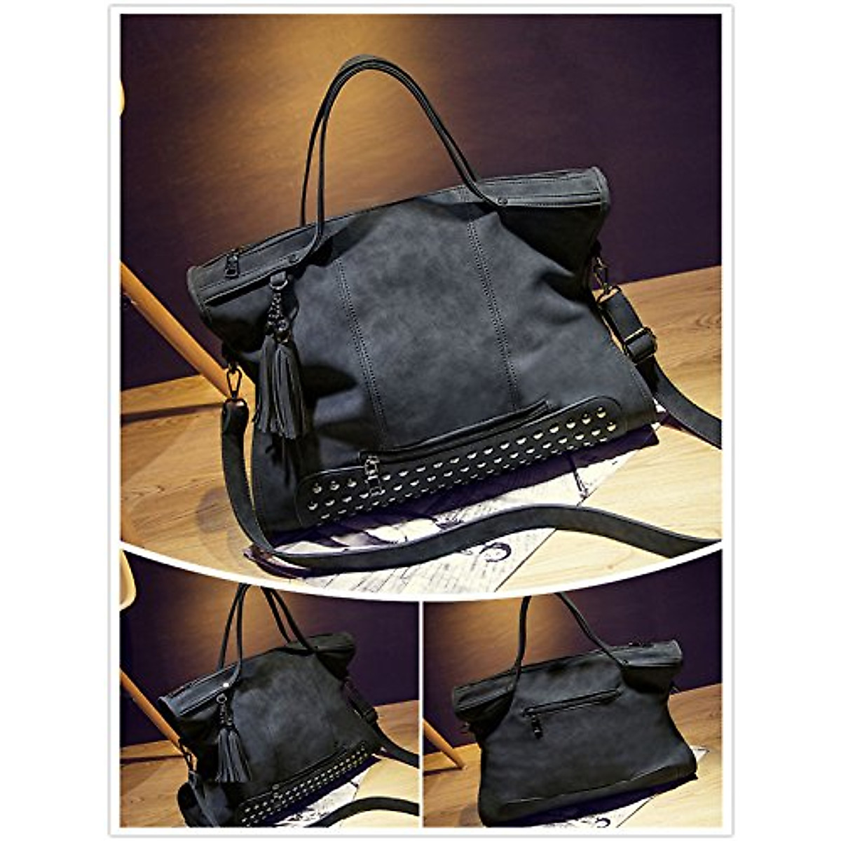 Large Rivet Purse Suede Leahter Hanbags for Women Black Gothic Style Crossbody Bags Ladies Top Handle Satchel Studded Tote Bags