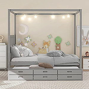 BOVZA Queen Size Canopy Platform Bed with Twin Trundle and 3 Storage Drawers, Wood Daybed Frames for Kids Teens Boys Girls,Gray