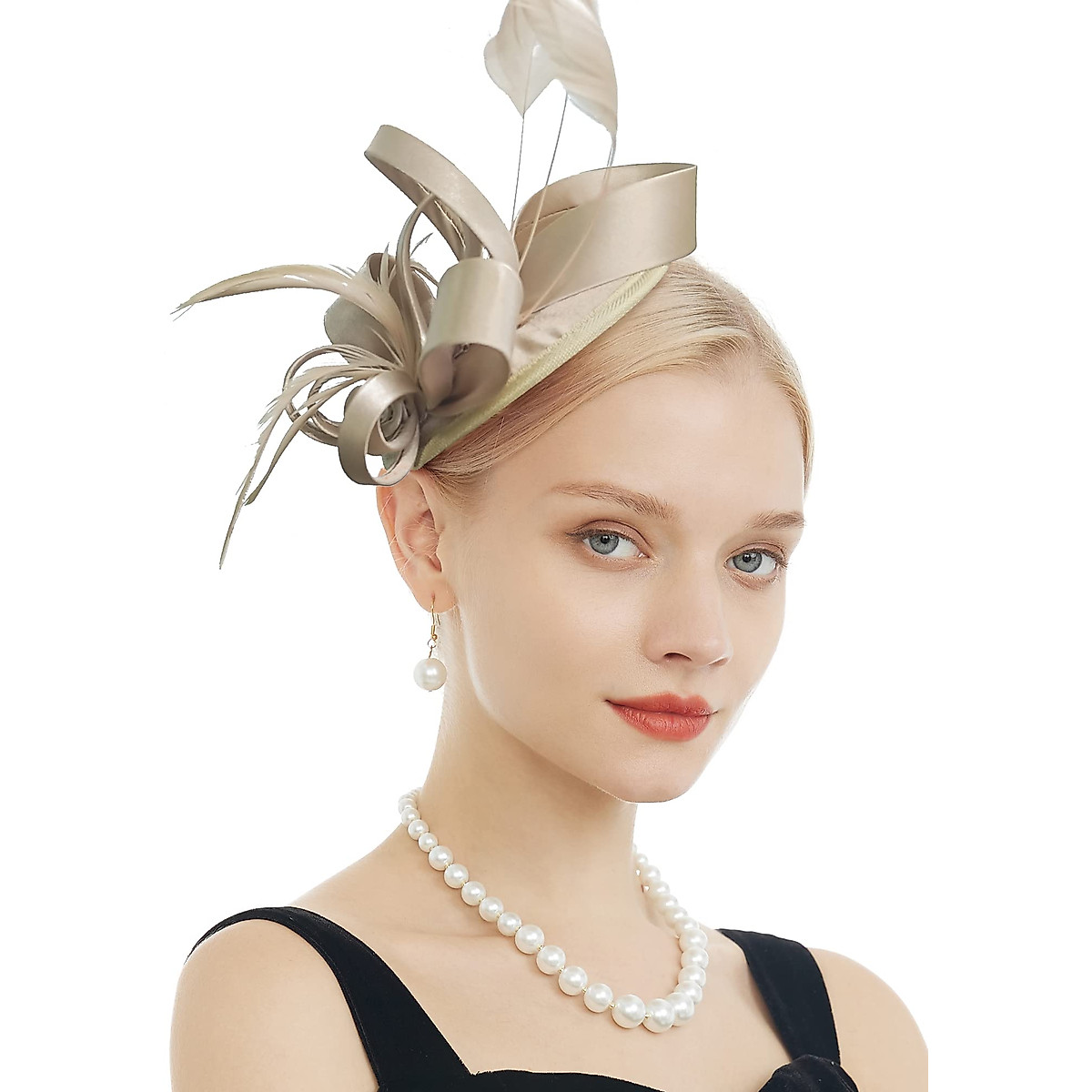 Fascinator Hats For Women Feather Cocktail Party Hats Bridal Kentucky Derby Headband (Light Khaki)