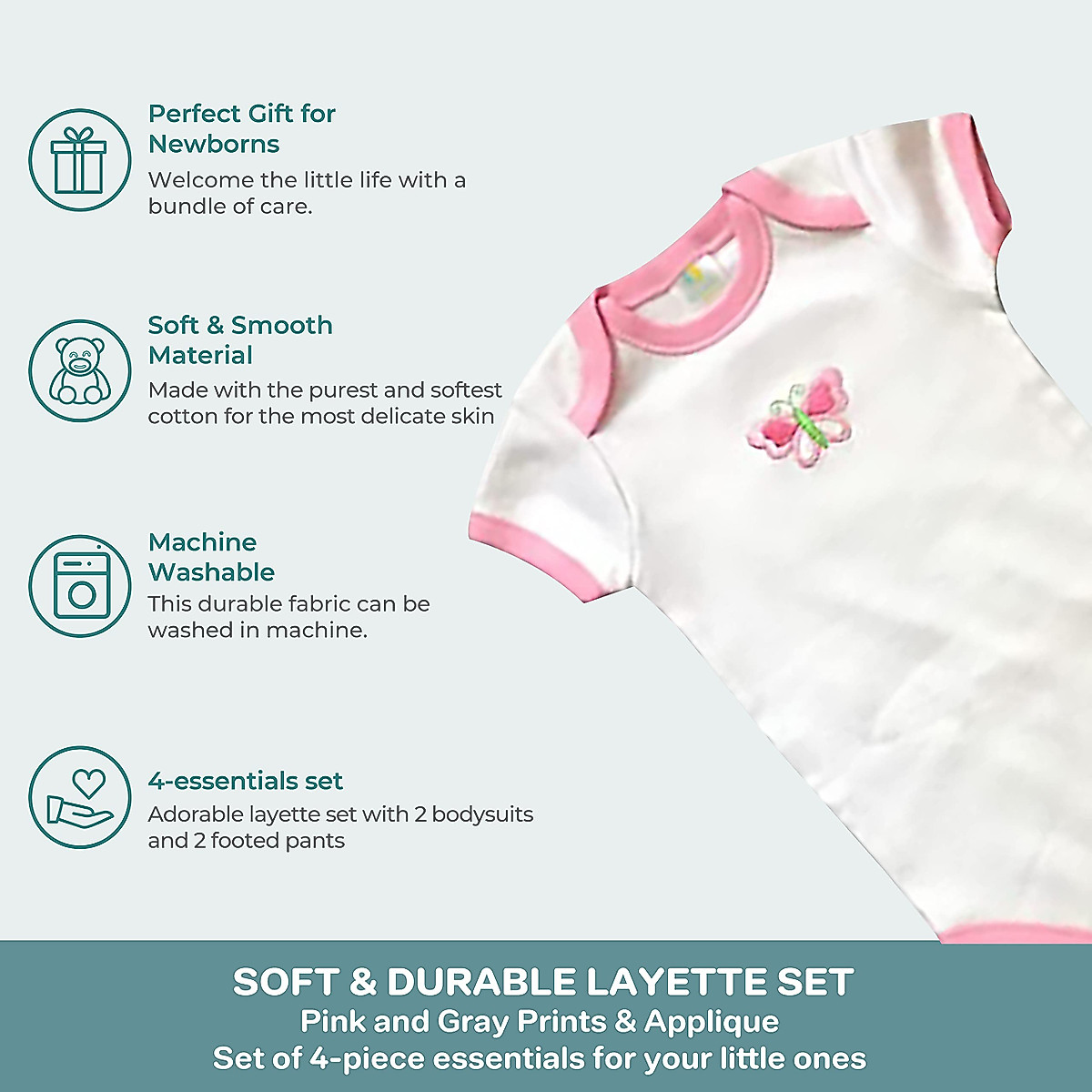 Spasilk Newborn Baby Layette Set, Short Sleeve Bodysuits and Pull-On Footed Pants, 4 Piece, 0-3 Months - Pink & Grey Layette Set