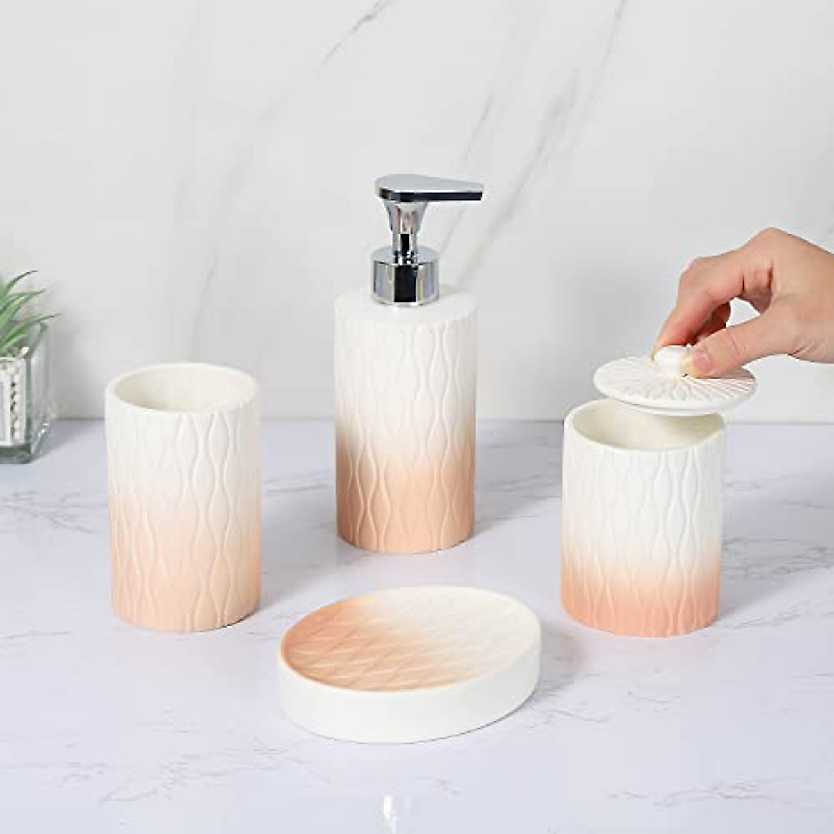 RZCNC Bathroom Accessories Set,Hand-Carved Lines Ceramic Bathroom Set. 4 Piece Boho Bathroom Decor.New Apartment Essentials. Modern Toothbrush Holder and Soap Dispenser. Premium Orange