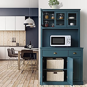 VEIKOU Pantry Buffet with Hutch,71" Kitchen Pantry Cabinets, Freestanding Storage Cabinet with Adjustable Shelves & Glass Doors, Tall Cupboard Pantry Cabinets with Coffee Countertop, Dark Teal