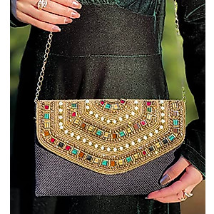Women's Black and Gold Beaded Envelope Clutch, Luxury Handmade Formal Vintage Evening Bag