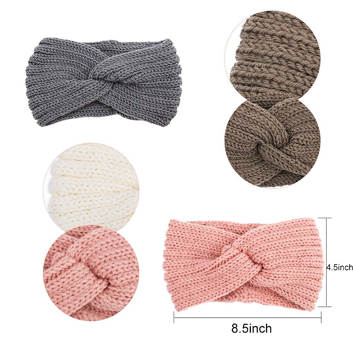AOPRIE Knit Wide Headband for Winter 5 Pieces Women Ear Warmers Truban Headbands Thick headbands for Women Girls, Black Gray White Pink Brown