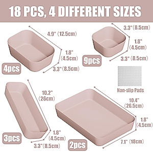 Homhut Plastic Drawer Organizers, 18 PCS Bathroom Drawer Organizer Bins, Desk and Vanity Organizer Plastic Tray, Makeup organizer and storage for Bedroom, Kitchen Gadgets Utensils and Office (Pink)