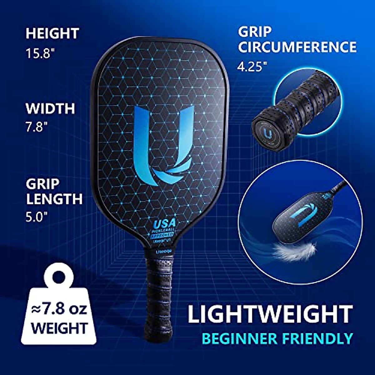 Uteeqe Pickleball Paddles Set of 2 - Graphite Surface with High Grit & Spin, USAPA Approved Pickleball Set Pickle Ball Raquette Lightweight Polymer Honeycomb Non-Slip Grip w/ 4 Outdoor Balls & Bag
