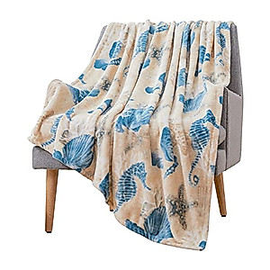 Decorative Ocean Life Coastal Throw Blanket: Soft Plush Velvet Fleece Calming Hues of Blues Beige Tan, Accent for Sofa Couch Chair Bed or Dorm (Ocean Life)