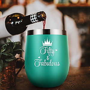 50th Birthday Gifts For Women - 1973 50th Birthday Decorations For Women - Birthday Gifts For 50 Year Old Woman - Green 60 & Fabulous 12 oz Wine Tumbler Gift for Her, Wife, Mom, Sister, Friend