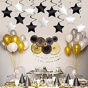 Black and Silver Star Hanging Swirls - Pack of 32 | Silver and Black Star Hanging Swirl for Black and Silver Party Decorations, Raiders Party Decorations | Hanging Black and White Party Decorations