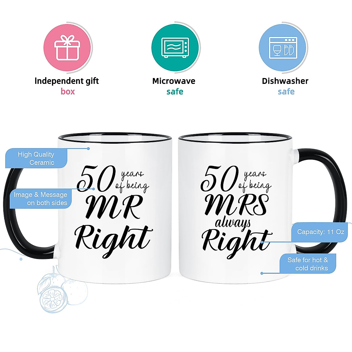 YHRJWN - 50th Wedding Gifts, 50 Years of Being Mr & Mrs Always Right Mug Set, Best 50th Wedding Gifts Ideas for Parents Couple, White with Black Handle 11 Oz