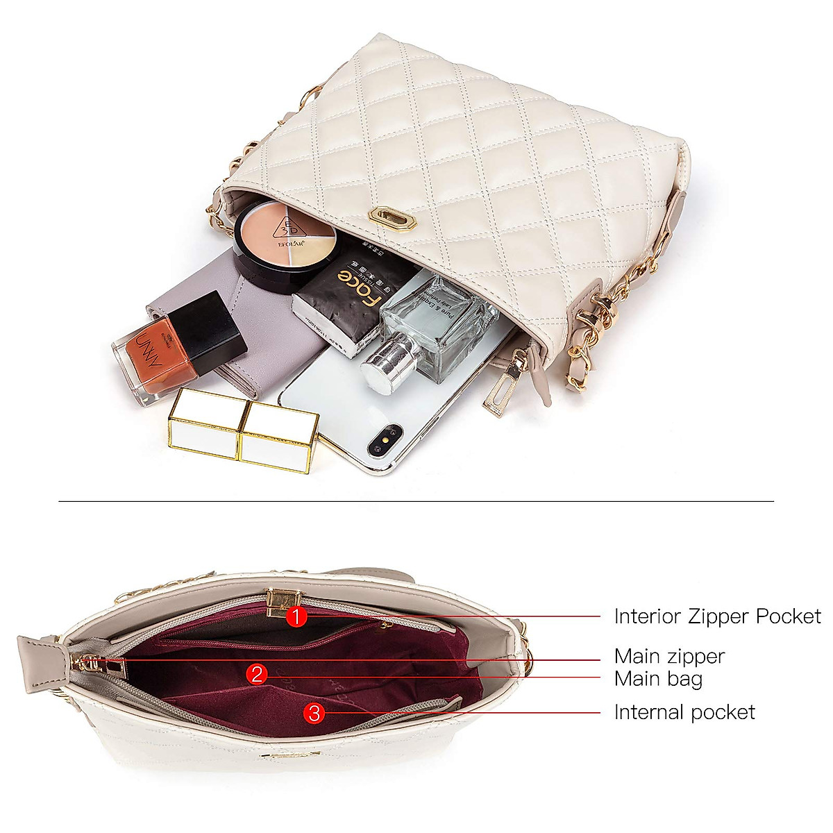 Sivim Crossbody Bags for Women Medium Size Leather Cute Crossbody Purse Shoulder Bag with Adjustable Gold Chain Strap(Medium Beige)