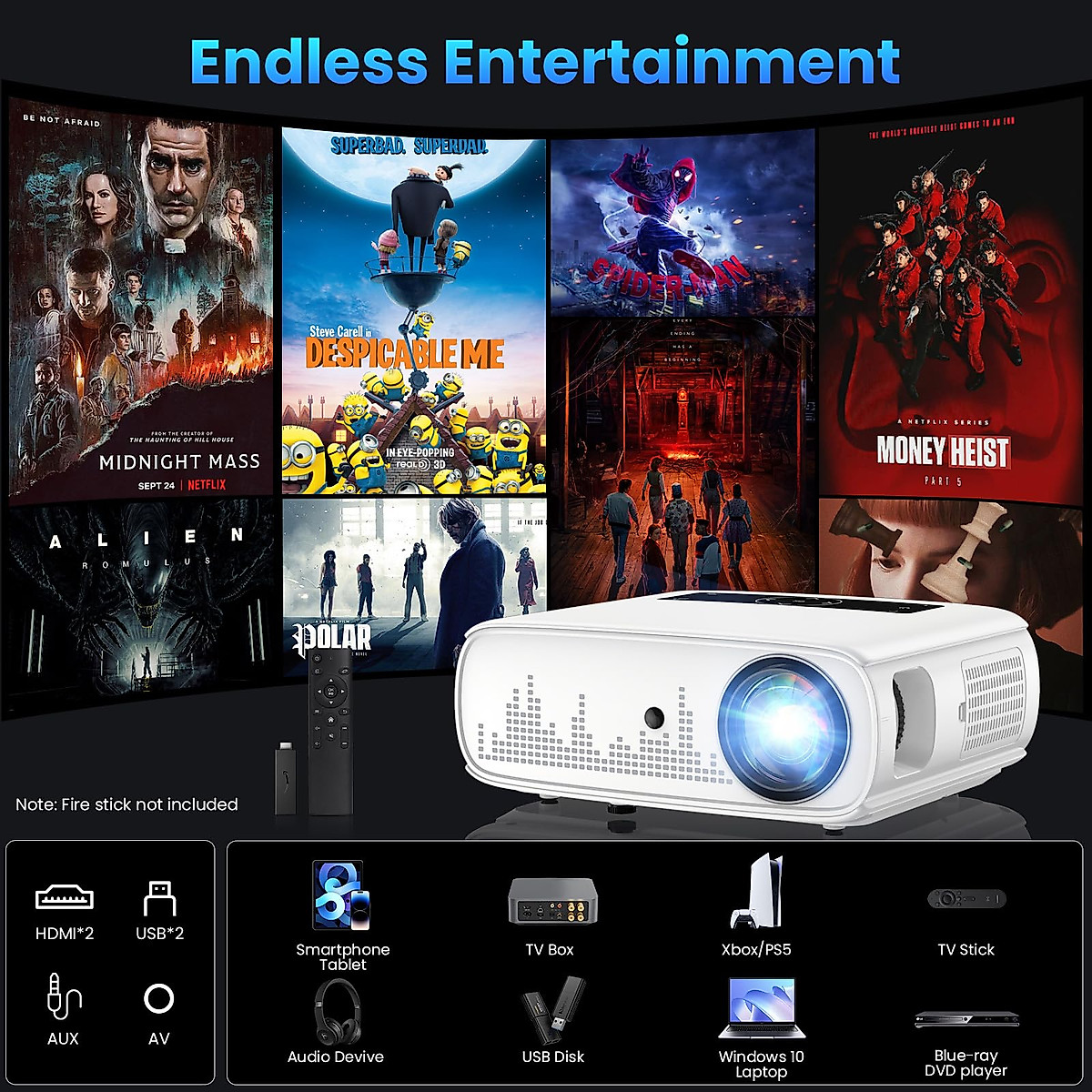 GROVIEW Projector, 15000lux 490ANSI Native 1080P WiFi Bluetooth Projector, 300'' Video Projector, Supports 4K & Zoom, 5G Sync, Compatible with HDMI USB/ AV/ Smartphone/ Pad/ Laptop/ DVD/ TV Stick/ PS5