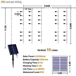 XINXIANLIAN 300LED Solar Curtain Lights Outdoor Indoor 8 Modes Solar Fairy Curtain String Lights Waterproof Twinkle Lights for Home Garden Patio Gazebo(Warm White)