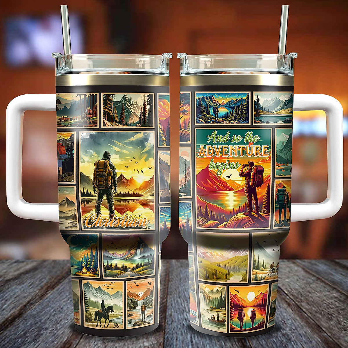 WAZONE Personalized Adventures Tumbler 40oz with Handle and Straw Custom Name And So The Adventure Vacuum Stainless Steel Insulated Coffee Mug Birthday Gifts For Traveling Lover Men Him Dad Papa