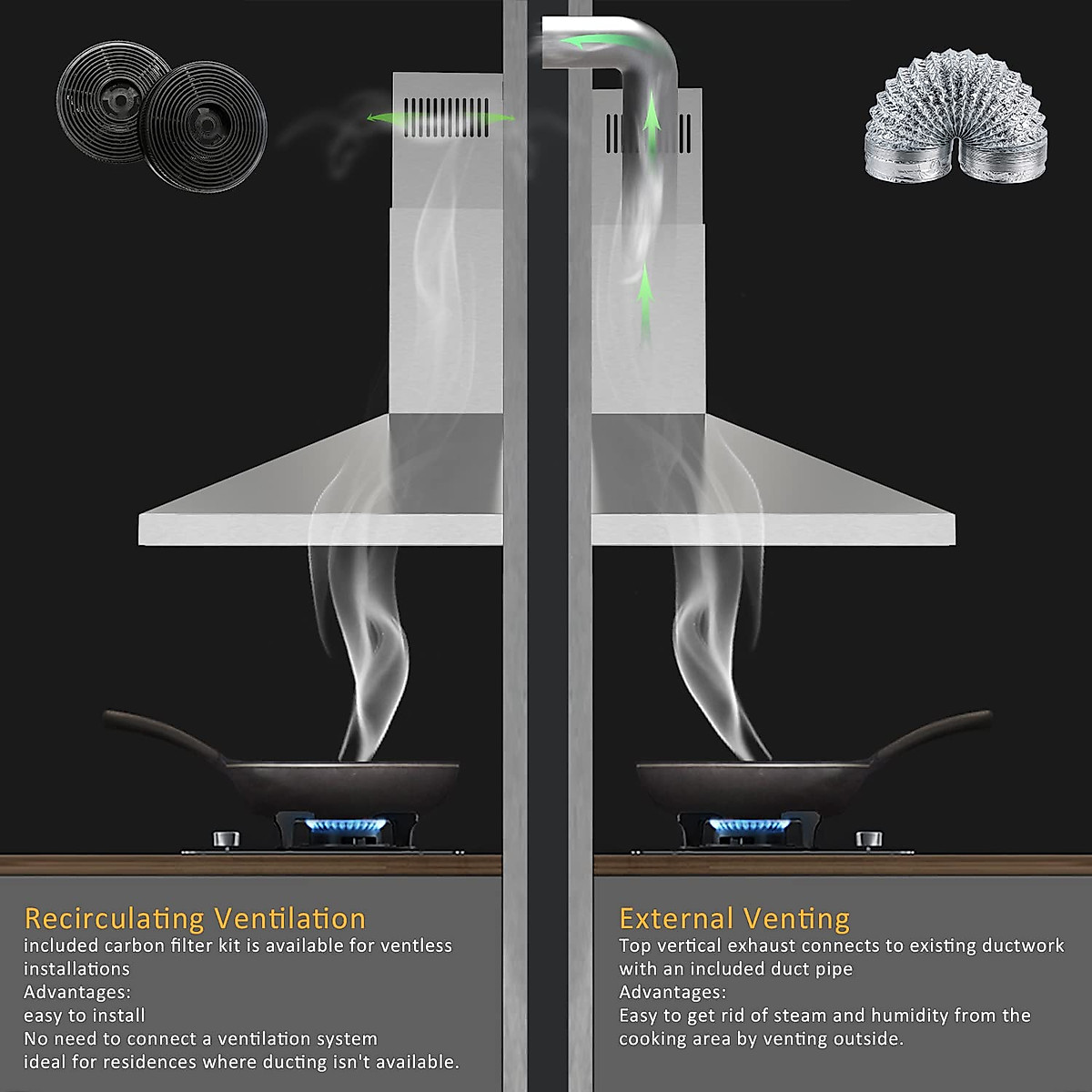 Range hood 30 Inch, Convertible Kitchen Wall Mount Range Hood in Stainless Steel with 500CFM, LED Lights, Stainless Steel Filters,Touch Control and Carbon Filters