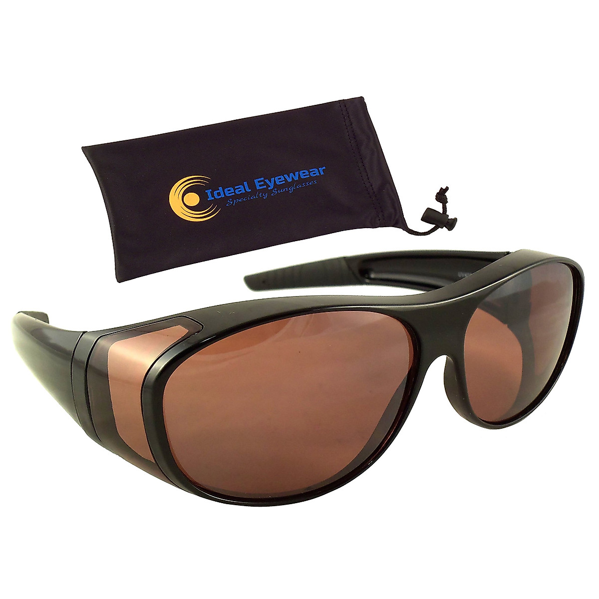 Ideal Eyewear Sun Shield Blue Blocking Fit Over Sunglasses HD Copper Lenses - Wear Over Glasses - Wrap Around (Black Frame, Large)