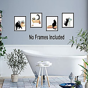LHIUEM Black Cat Bathroom Decor, Funny Bathroom Wall Art, (Set of 4,8"X10",unframed) Modern Animals Kitty Pictures, Kitten Bathing Canvas Poster cat Lady Gifts for Women,Bathroom Set Decor
