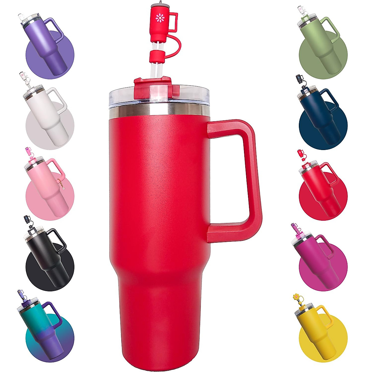 FVOTNW 40oz Tumbler with Handle and Straw,Reusable Insulated Tumbler Stainless Steel Travel Mug Keeps Drinks Cold,Suitable for Travel, Office and Gifts for Mom or Wife-Red