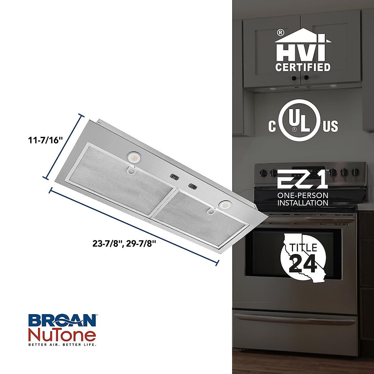 Broan- NuTone BBN1243SS Custom Built Insert with 2-Speed Exhaust Fan and Light, 300 Max Blower CFM, Stainless Steel, 24-Inch Range Hood Power Pack