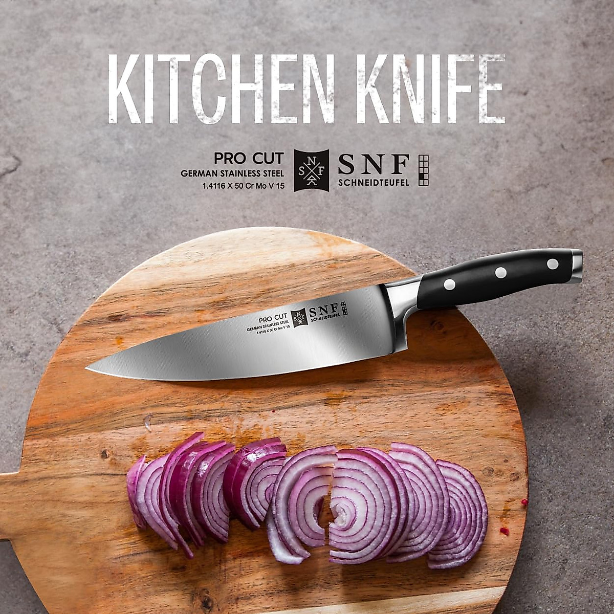 SNFSchneidteufel Pro Cut Forged 8 Inch Chef Knife - X50CrMoV15 Stainless Steel Chefs Knife with Black Ergonomic Handle - 8" inch Chef Knife - Ideal Kitchen Gadgets and Essentials