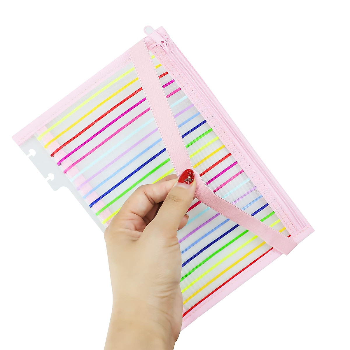 Chris.W Discbound Notebook Elastic Band Pen Holder, Junior Size Disc Bound Planner Cover Mesh Pencil Case Bag, Zipper Pouch for Pens Cards Stickers School Supplies (5.5inx8.5in, Pink with Stripe)