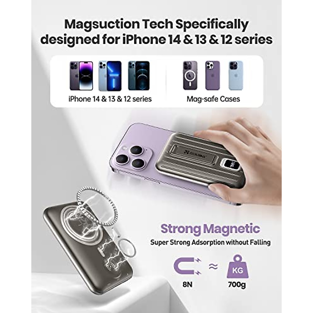 Coolreall 【4 in 1】 Magnetic Wireless Power Bank, Slim 10000mAh Portable Charger with Phone Holder, 15W Type-C Fast Charger Mag-Safe Battery Pack Compatible with iPhone 14 13 12 iWatch Series