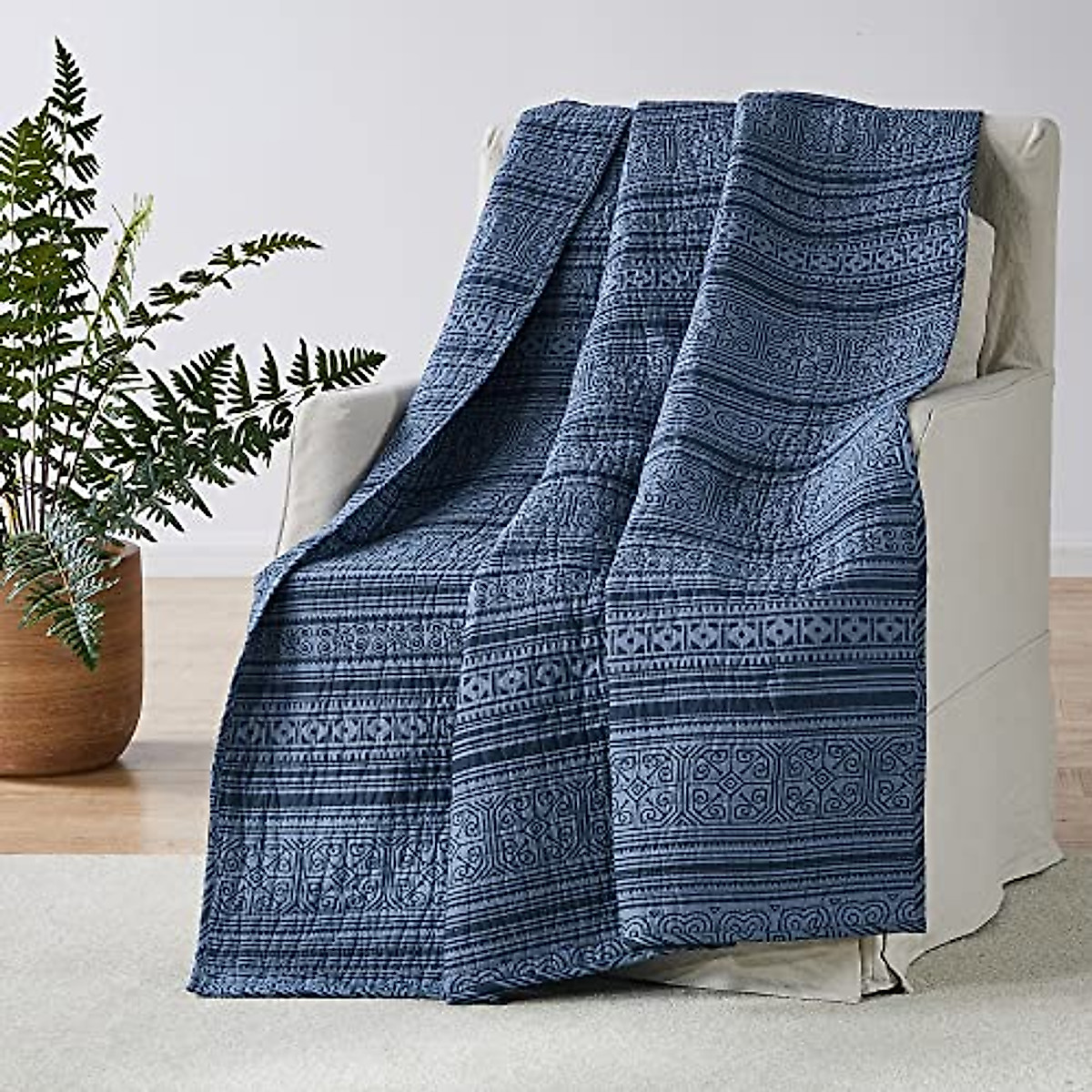 Levtex - Tolteca - Quilted Throw - 50x60in. - Global Stripe - Navy and Blue - Reversible Pattern - Cotton Fabric