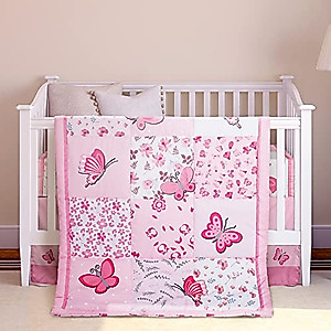 Tudomro 3 Pieces Butterfly Nursery Crib Bedding Set for Girls, Standard Size Bedding Sets with Comforter Fitted Sheet Crib Skirt(Pink)