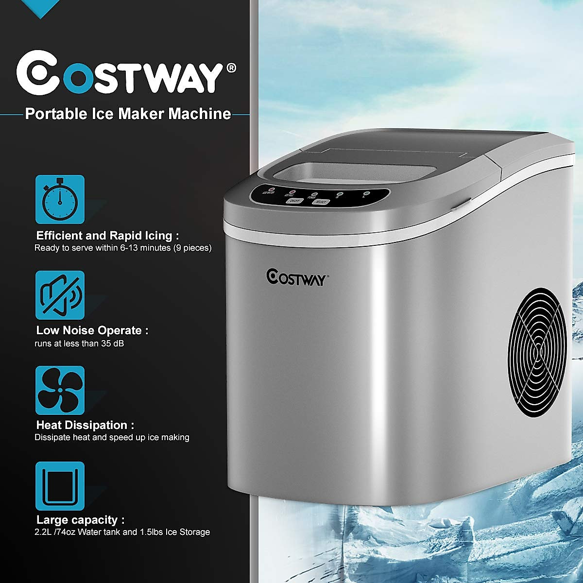 COSTWAY Countertop Ice Maker, 26LBS/24H Portable and Compact Ice Maker Machine, Ice Cubes Ready in 6 Mins, Electric High Efficiency Small Ice Maker with Ice Scoop for Home Kitchen Office, Silver