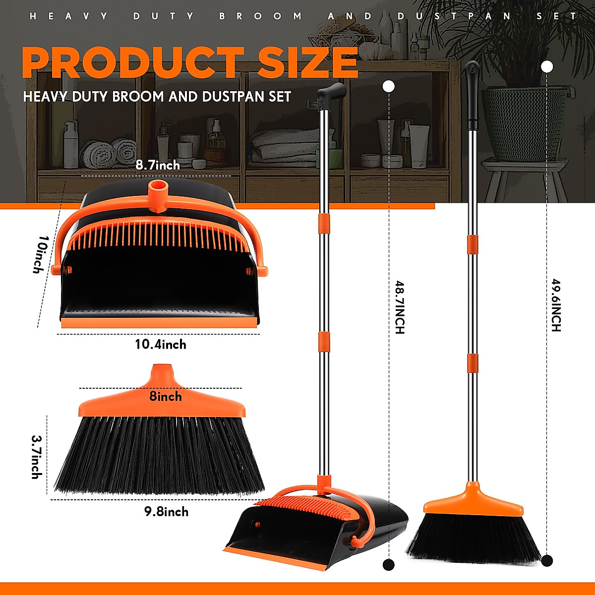 Tioncy Heavy Duty Broom and Dustpan Set 2 Plus 1 Set with Comb Commercial Windproof Stand up Broom Outdoor Indoor for Courtyard Garage Lobby Mall Market Floor Kitchen Home Office Pet Hair Rubbish