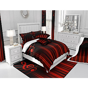 Feelyou Abstract Ombre Bedding Set Full Size Kids Red and Black Musical Comforter Cover Set for Boys Girls Teens Music Geometric Duvet Cover Striped Bedspread Cover Room Decor Quilt Cover