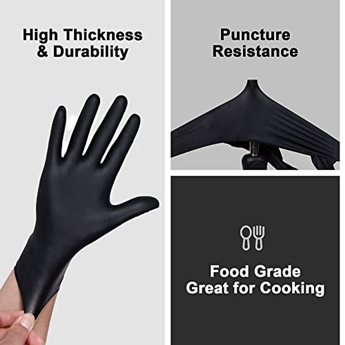 Hyunshuo Nitrile Gloves Black Puncture Resistance Disposable Gloves, 5 Mil Latex Free Powder Free Food Prep Work Gloves, High Durability for Cooking, Cleaning, Gardening (Box / 100)