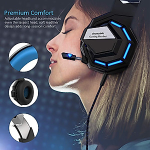Gaming Headset - Chououkiu Headset Gaming Headphone for Xbox One, PS4, PC, Surround Sound Over Ear Headphones with Noise Cancelling Mic, LED Light Bass Surround Soft Memory Earmuffs (Blue)