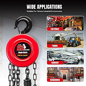 BIG RED Hand Chain Hoist 1 Ton 2000 Lbs Capacity 8ft/2.5m Torin Manual Chain Fall with 2 Heavy Duty Hooks, for Warehouse Automotive Machinery, Red, TR9010