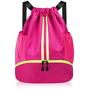 Aucuu Drawstring Backpack, Waterproof Sports Backpack, Large Sports Gym Bag With Shoe Compartment and Water Bottle Mesh Pockets, for Sports Beach Holidays Swimming Travel (Rose Red)