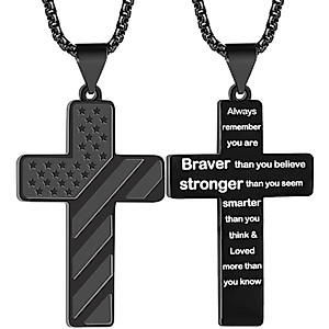 REGIS American Flag Cross Necklace， Stainless Steel Chain with 24-Inch Bible Verse Lord's Prayer Pendant - Men's Patriotic Religious Christian Gift (Always remember, black)